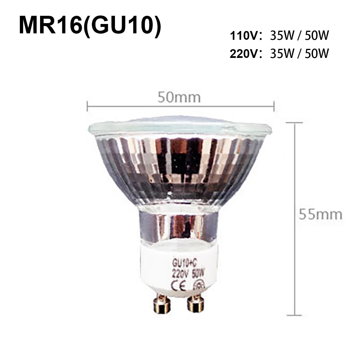 Галогенная прожекторная лампа, 2 контакта, Gu10 Mr16 Gu5.3, лампочки с регулируемой яркостью, теплый белый цвет, 2800 К, AC220 В, 12 В постоянного тока, 30 ° Угол луча 20 Вт 35 Вт 50 Вт Стекло