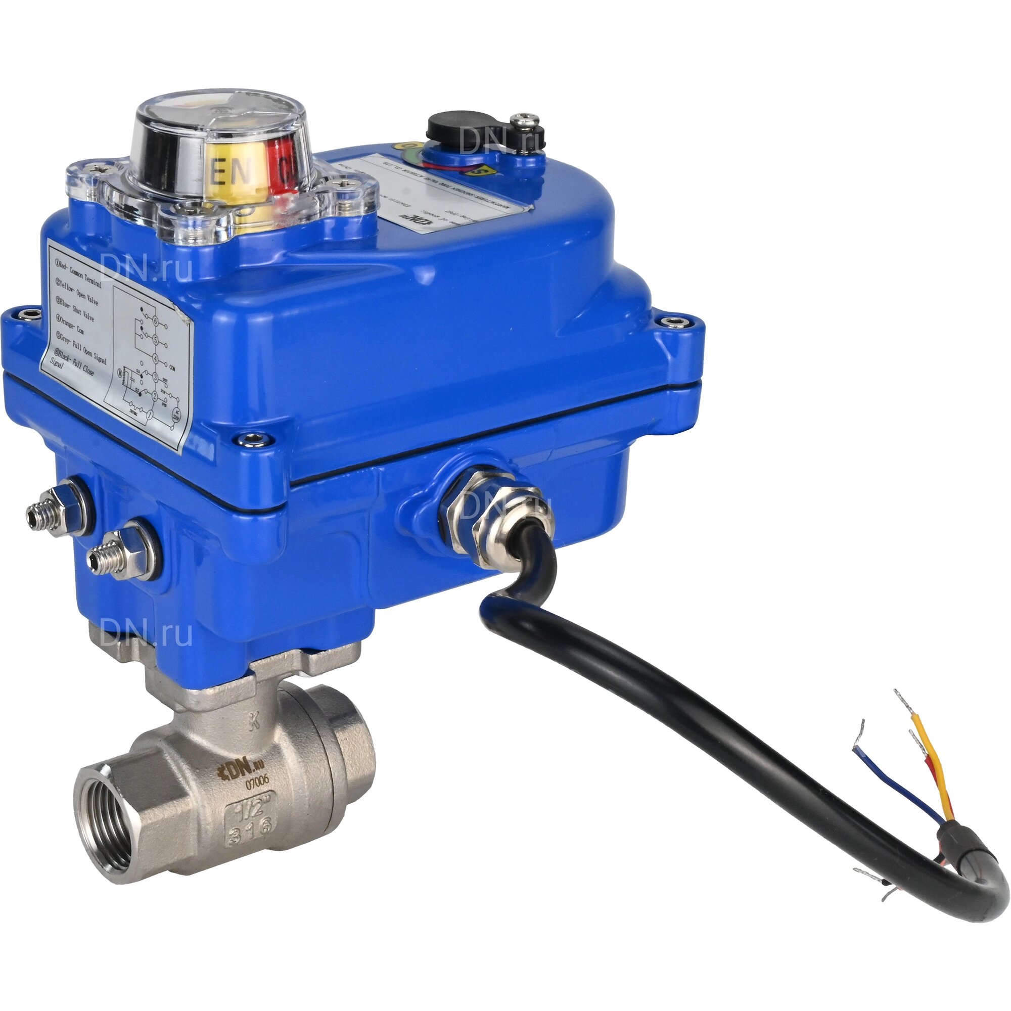 Кран шаровой DN.ru кшмп.316.230-ISO Ду15 Ру63 полнопроходной двухходовой, нержавеющая сталь SS316, внутренняя резьба, уплотнение - PTFE, с электроприводом четвертьоборотным DN. ru 003 blue 12В