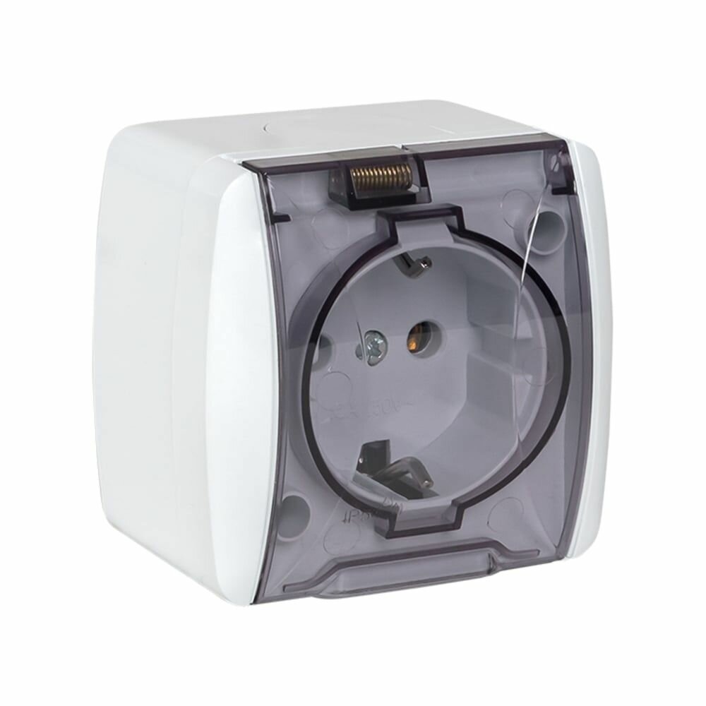 Розетка 1-м ОП Владивосток 16А IP54 с заземл. с прозр. крышкой бел. EKF EQR16-029-30-54-T