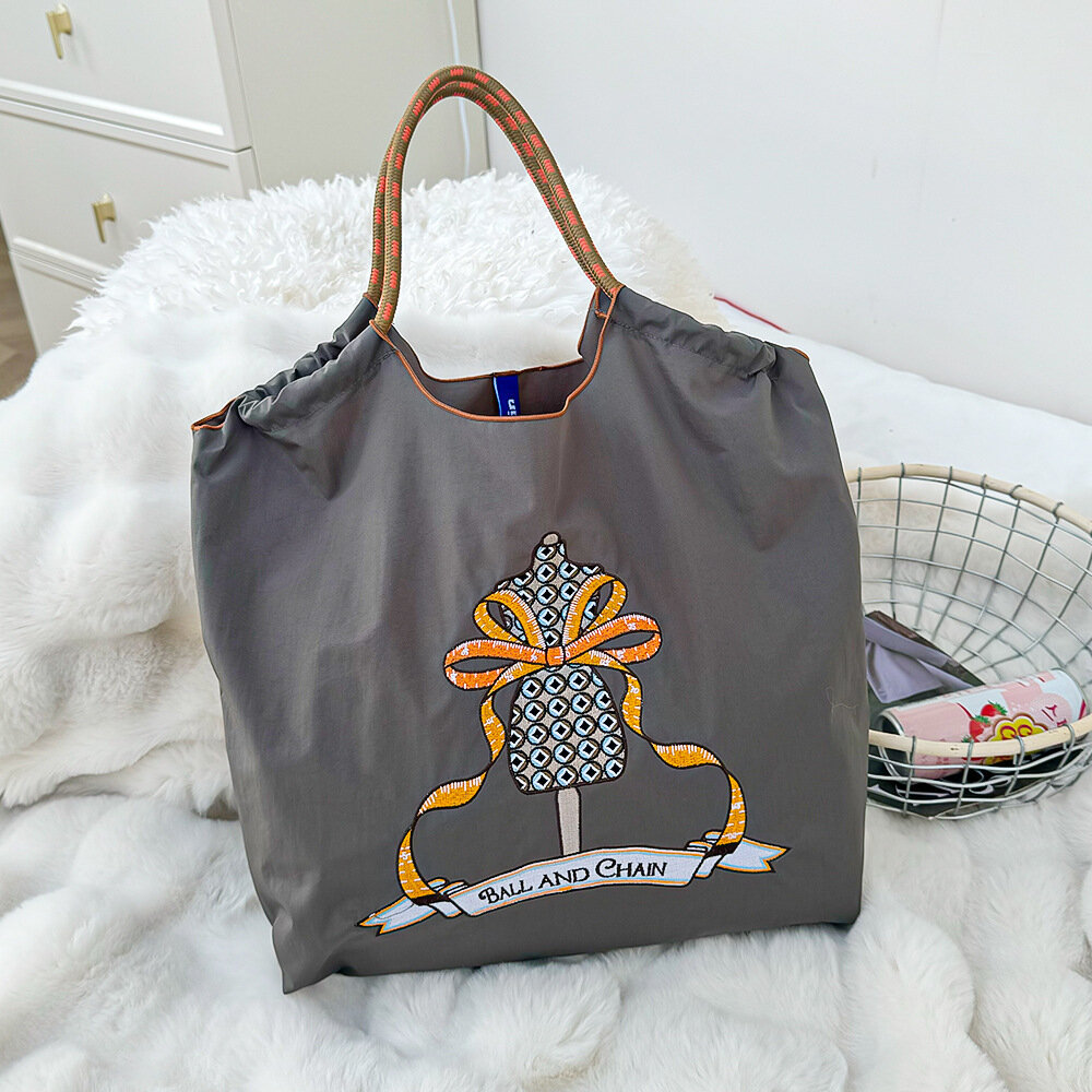 Японский стиль, ручная работа, сумка с шариковой цепочкой, экологичная сумка для покупок, нейлоновая ткань, вышитый цветок, ручная сумка из холста, нейлоновая сумка для покупок