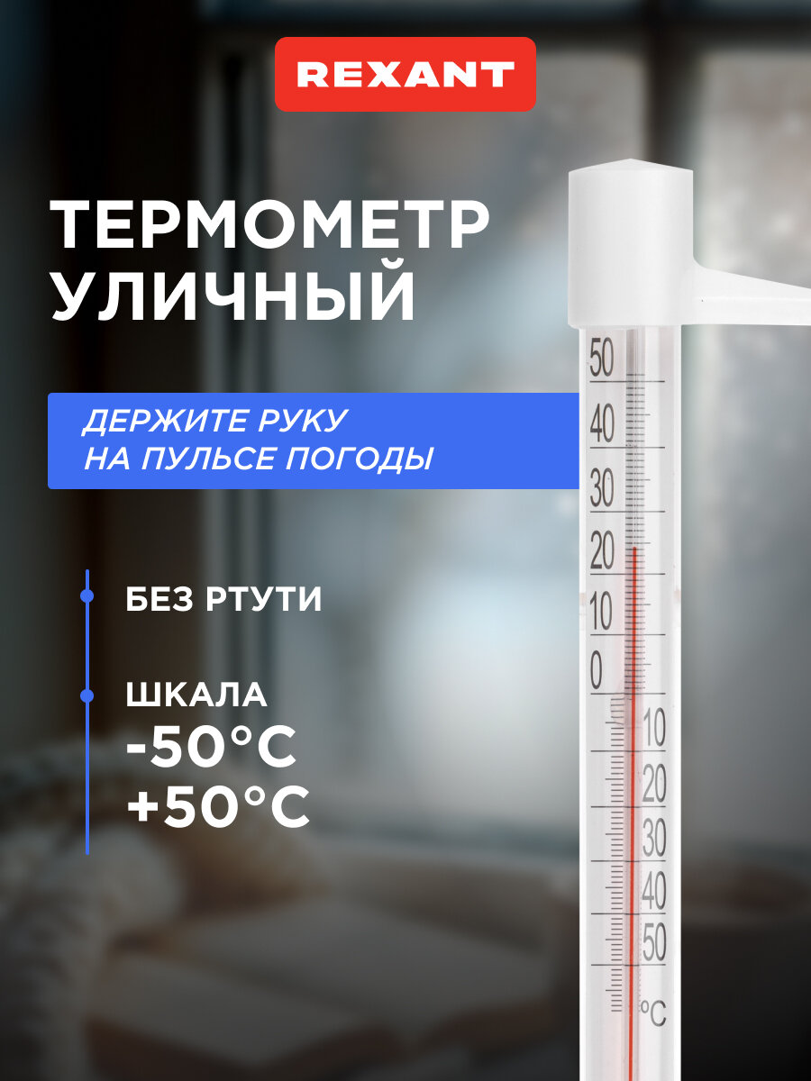 Спиртовой термометр REXANT, для окон, крепление на гвоздиках, белый