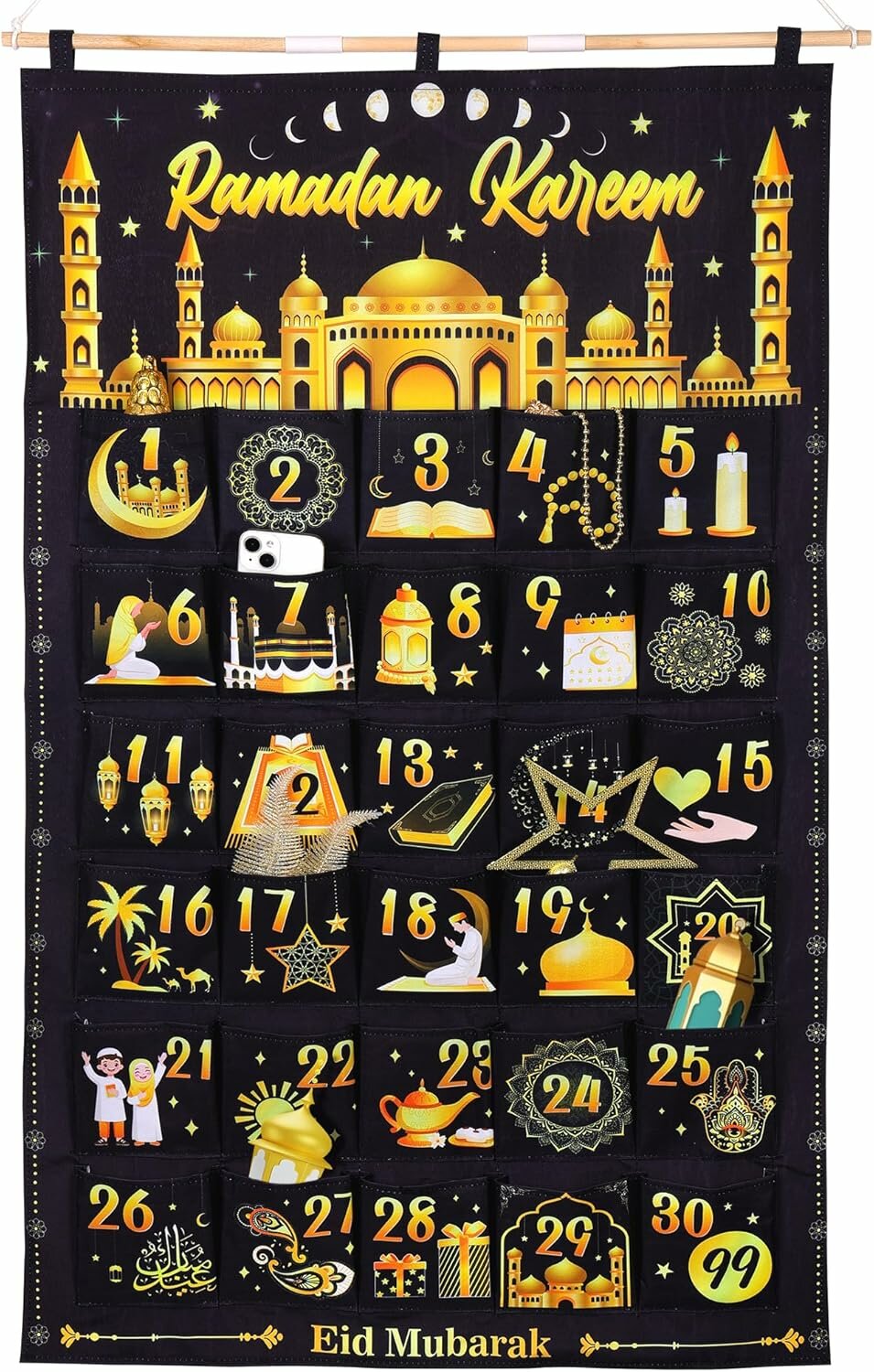 Календарь Рамадана HOWAF для заполнения ткани 2025, обратный отсчет до Ид, 30 дней, тайный Карим с 30 карманами