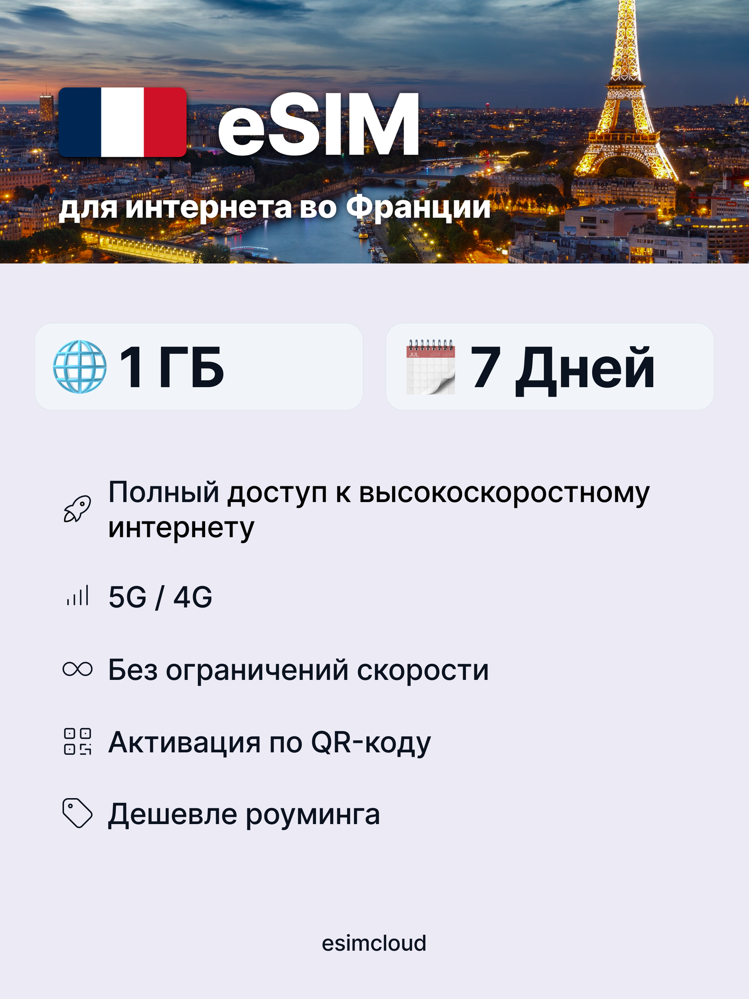 ESIM для Франции 1 ГБ / 7 дней • Мобильный интернет • Универсальная eSIM • 4G LTE / 5G • Смартфон и планшет