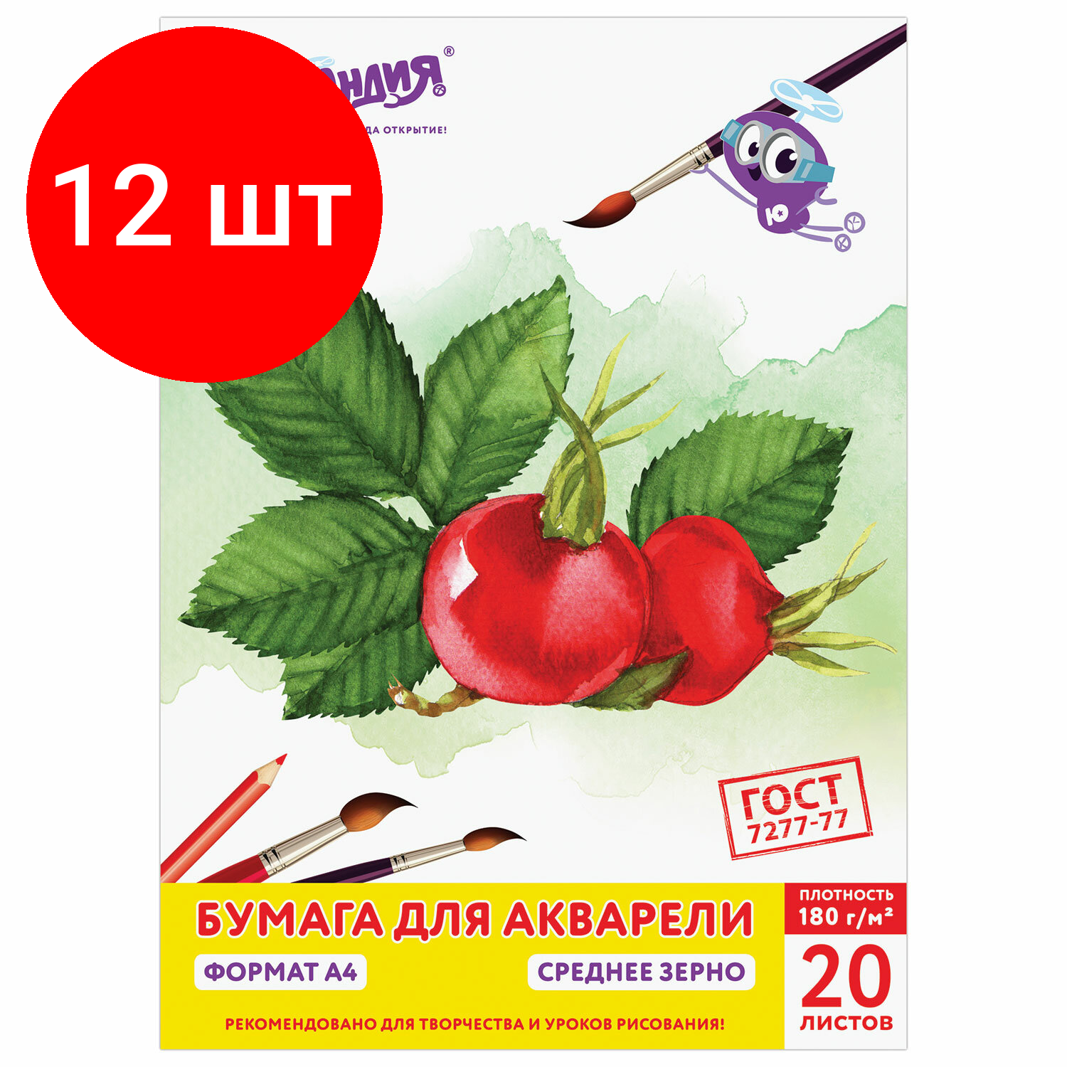 Комплект 12 шт, Папка для акварели А4, 20 л, 180 г/м2, юнландия, 210х297 мм, "Юнландик на даче", 111074