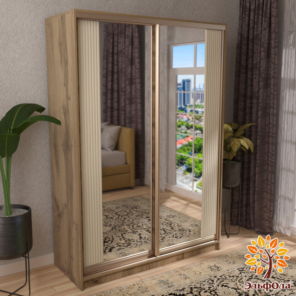 ЭльфОла Шкаф-купе "Вертикаль" 180х60х220 см, цвет дуб вотан/черный/накладка слоновая кость, с зеркалом, для одежды, двухдверный