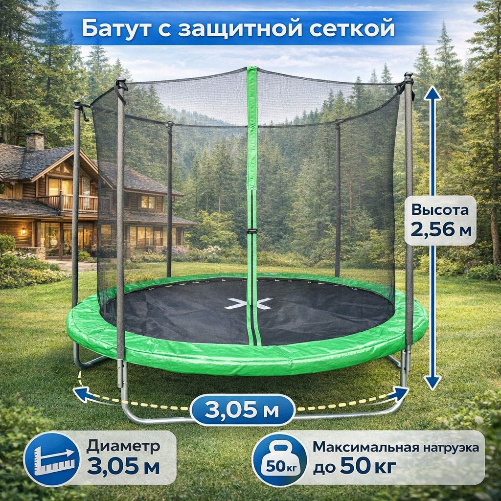 Батут с защитной сеткой, диаметр 305 см, максимальная нагрузка 50 кг, зеленый