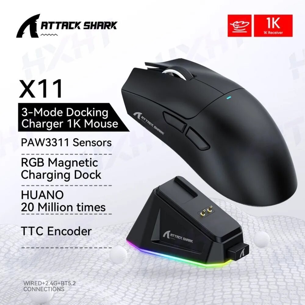 Attack Shark X11 Беспроводная мышь Paw3311 22000DPI Трехрежимная RGB Док-станция для зарядки Игровая мышь