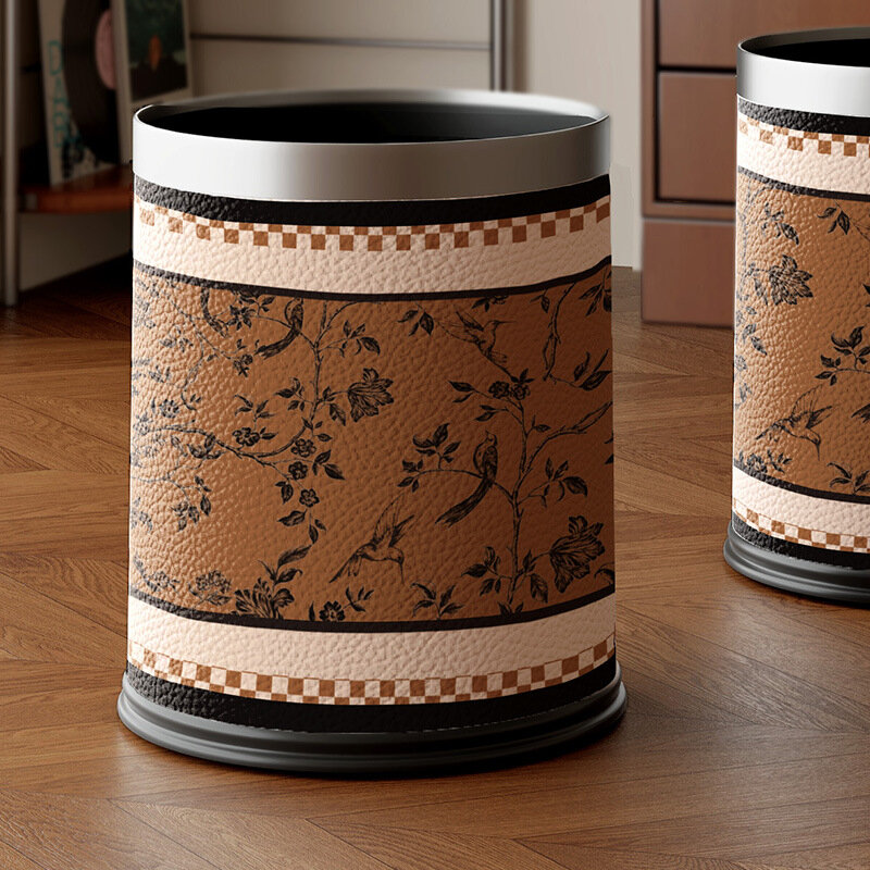 Кожаная мусорная корзина для домашнего использования, винтажный стиль, без крышки, французский ретро дизайн высокого качества, двухслойная корзина для мусора для гостиной, спальни и ванной