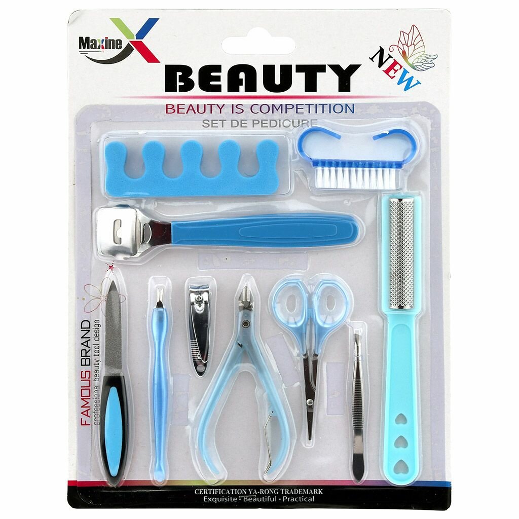 Педикюрный набор КНР 10 предметов: кусачки-книпсер, пилка, терка, станок, триммер, ножницы, кусачки-щипчики, пинцет, щетка, разделитель (X-33)