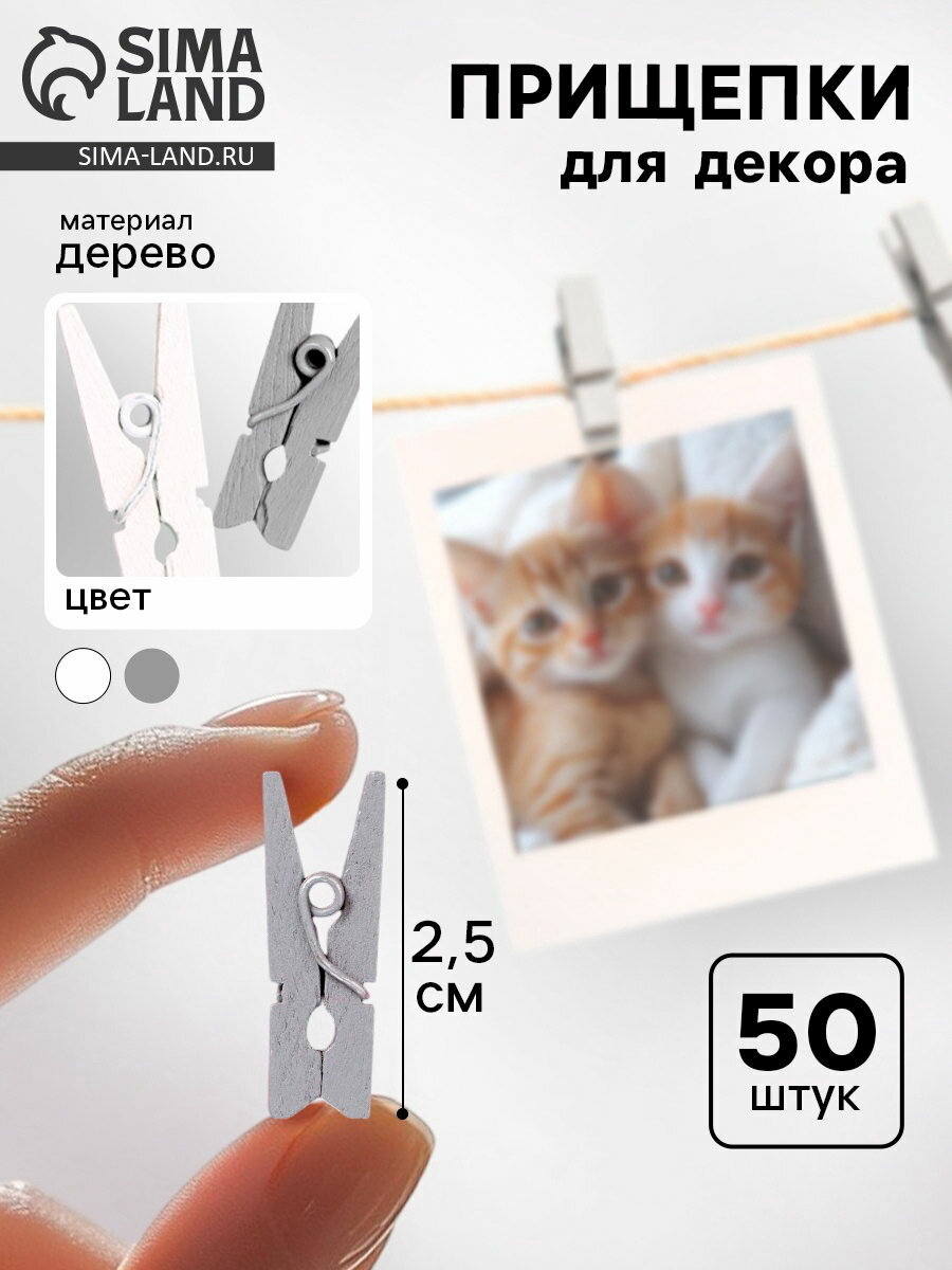 Прищепки для декора "Классика", набор 50 шт, 2.5 см, серый, белый
