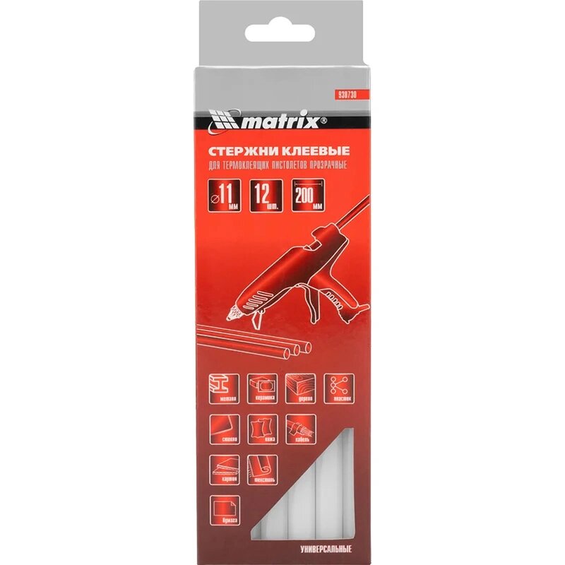 Стержни клеевые Matrix, 11 x 200 мм, прозрачные, 12 шт (930730)