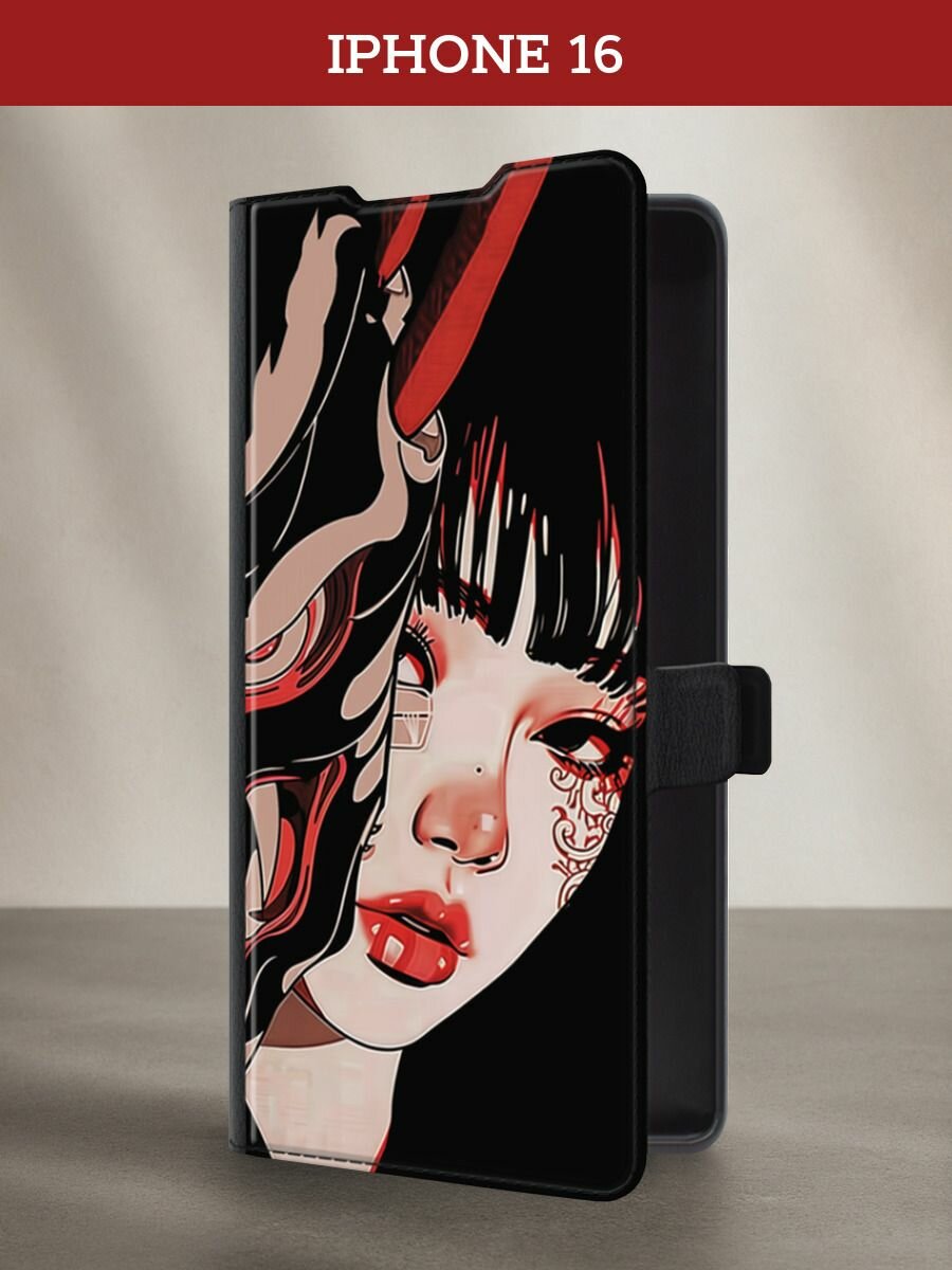 Чехол-книжка на Apple iPhone 16 / Айфон 16 с принтом Девушка за маской, черный