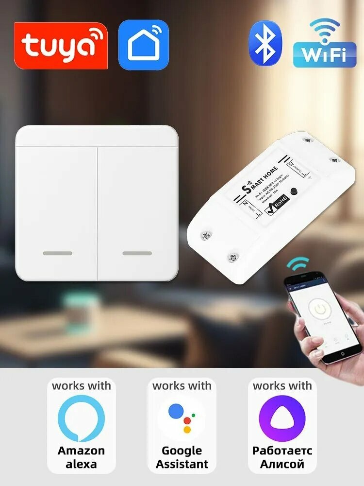 Tuya Smart switch WiFi+Bluetooth 10A, модуль реле и панель на 2 клавиши, управление через приложение