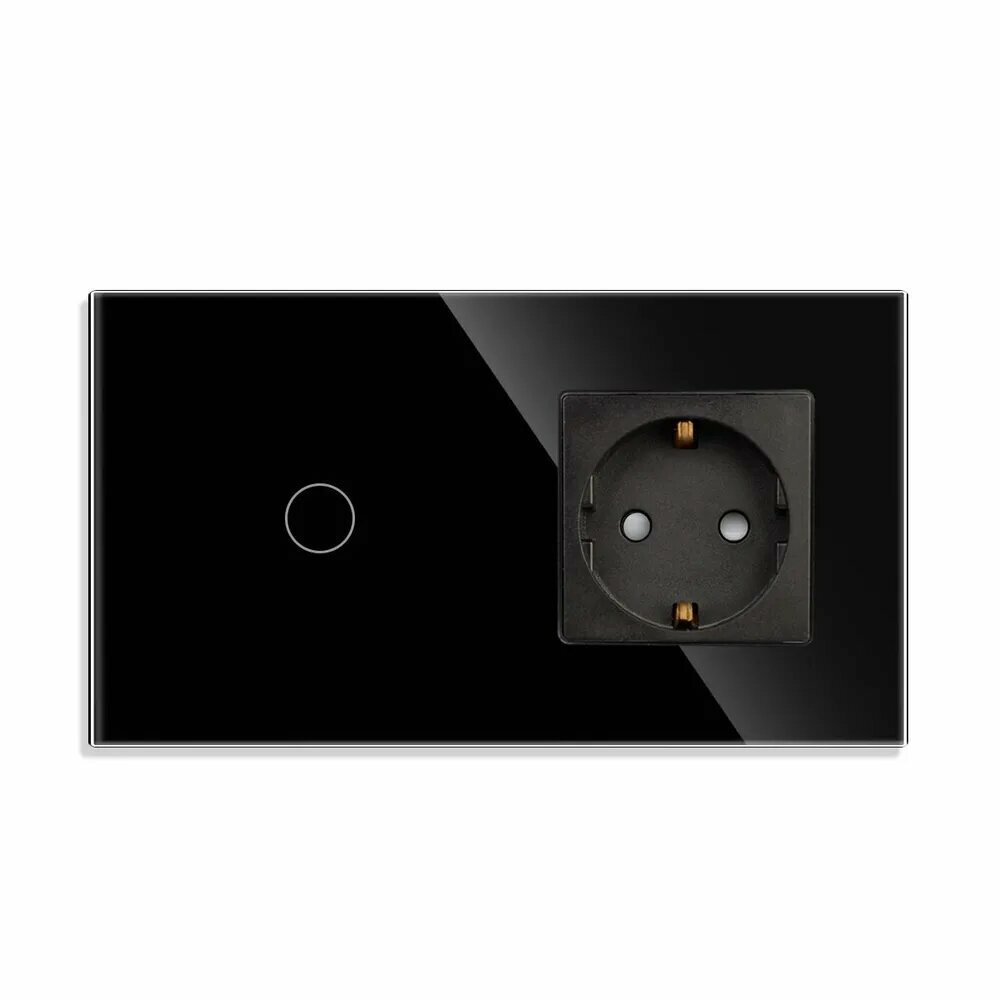 Сенсорный выключатель с розеткой 1 клавиша 1 розетка, 2 поста панель стекло черный
