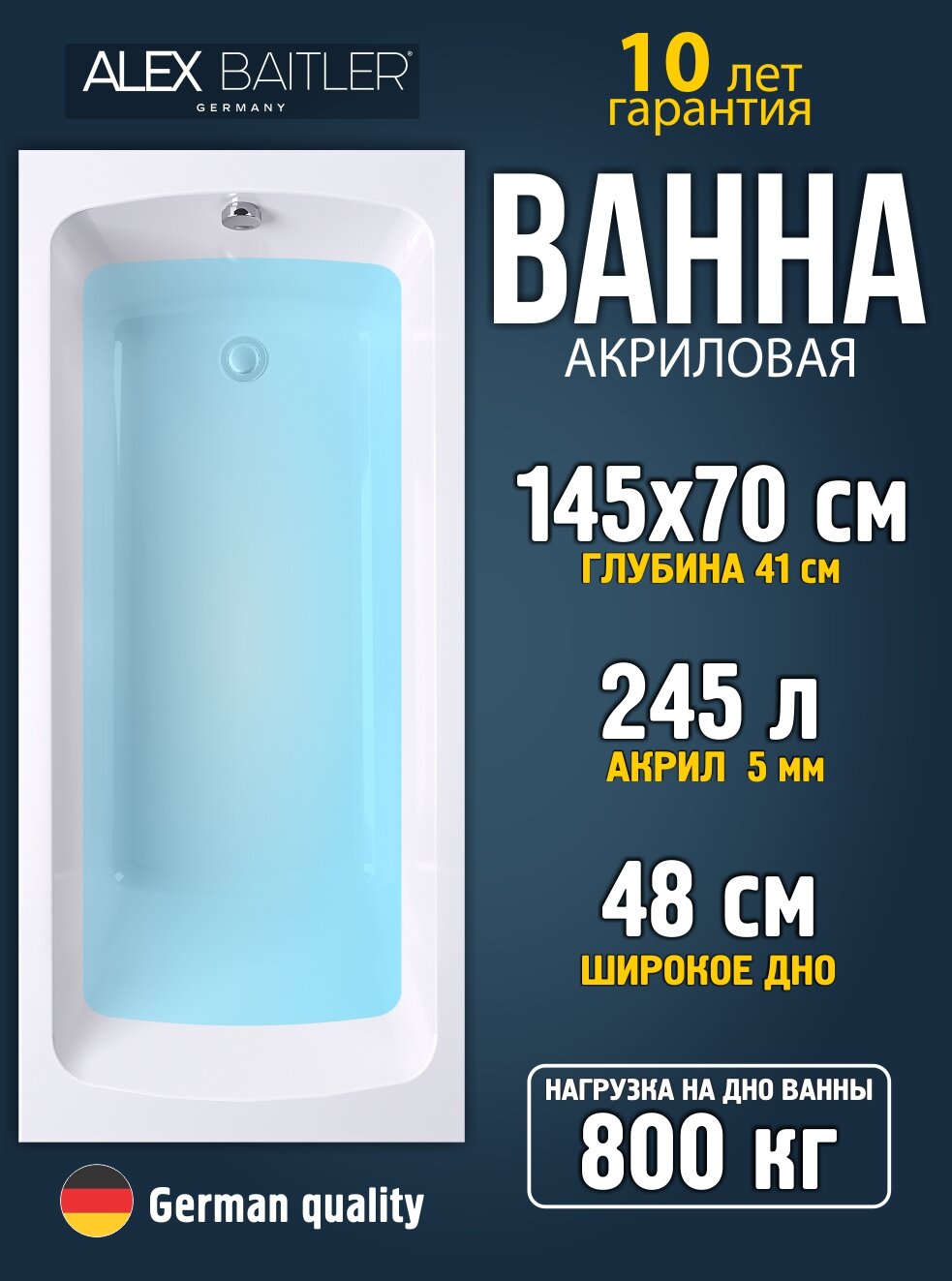 Акриловая ванна Alex Baitler 145х70 прямоугольная без комплектующих