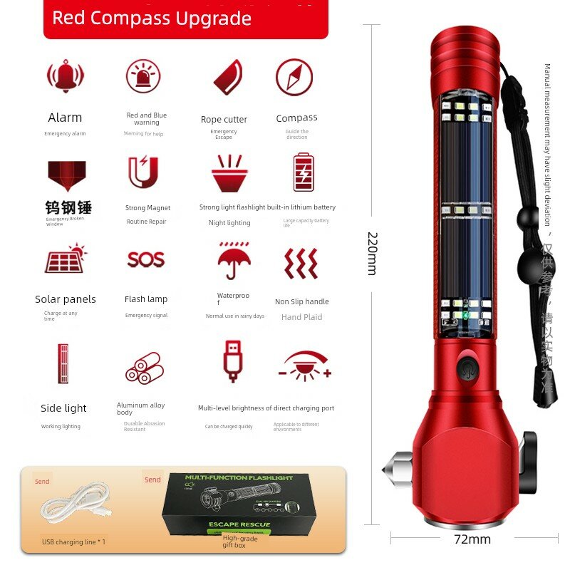 Автомобильный многофункциональный безопасный молоток, солнечный пожарный аварийный фонарик, автомобильная самооборона,