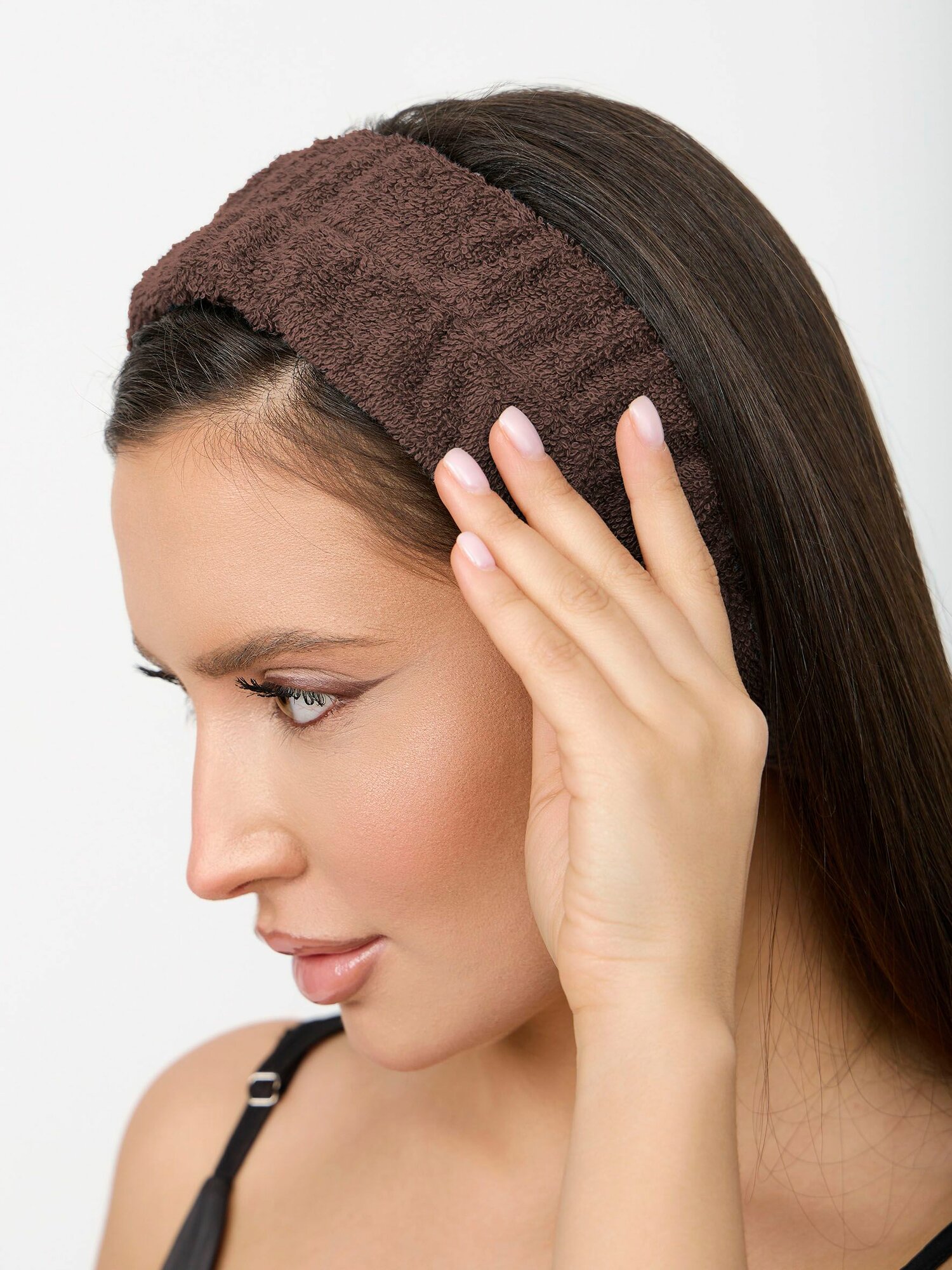 Повязка косметическая SANDAL махровая для волос на резинке, цвет коричневый