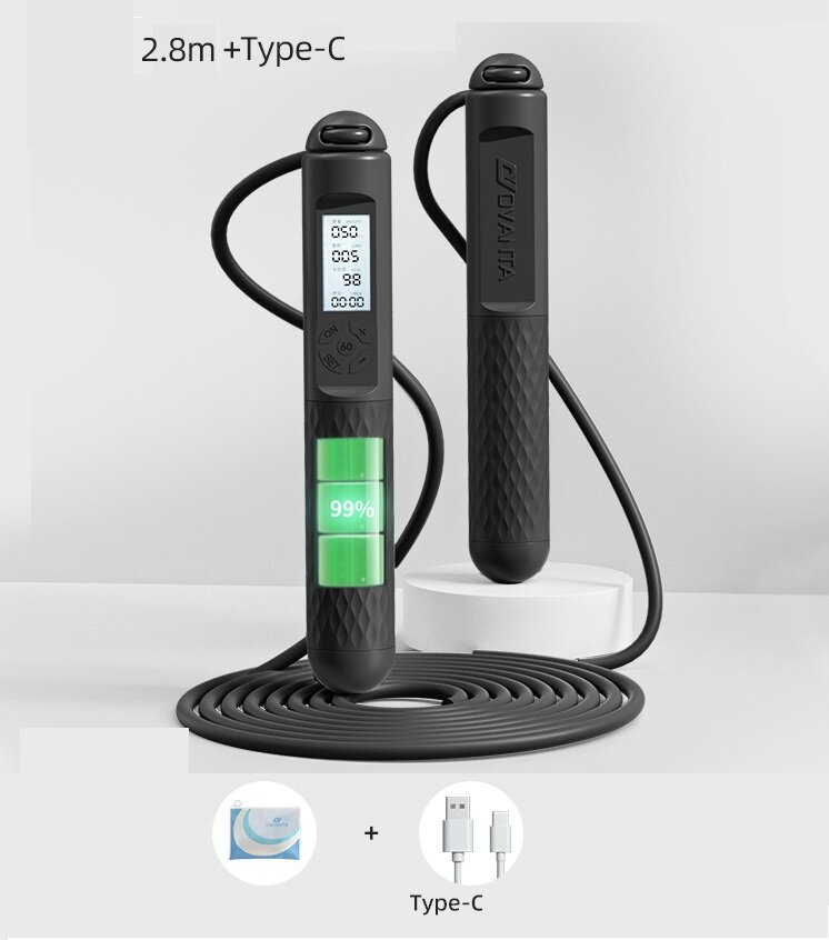 Скакалка BASALT, счетчик прыжков, без утяжелителей, зарядка TYPE-C, черная, матовая