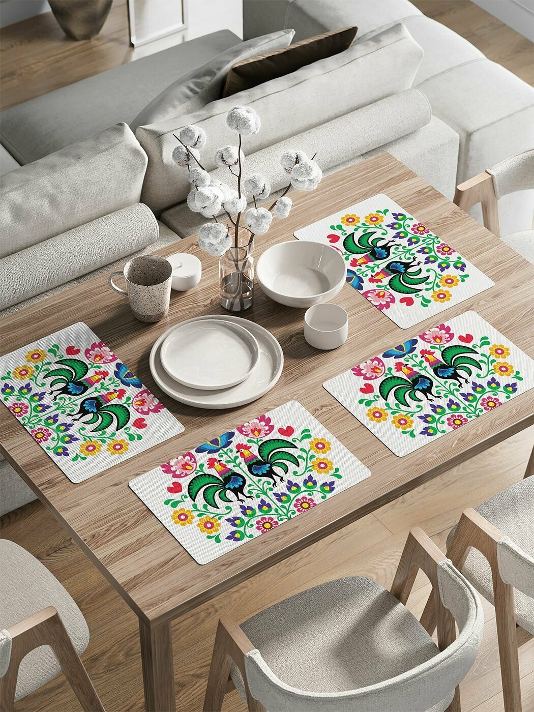 Салфетки на стол сервировочные "Два петуха", плейсмат на кухню, 30x46 см, JoyArty