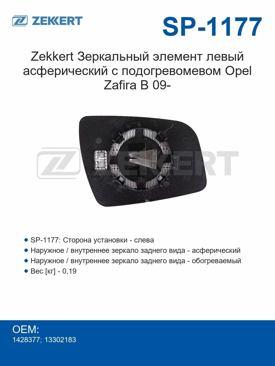 Zekkert Зеркальный элемент левый асферический с подогревом Opel Zafira B 09-