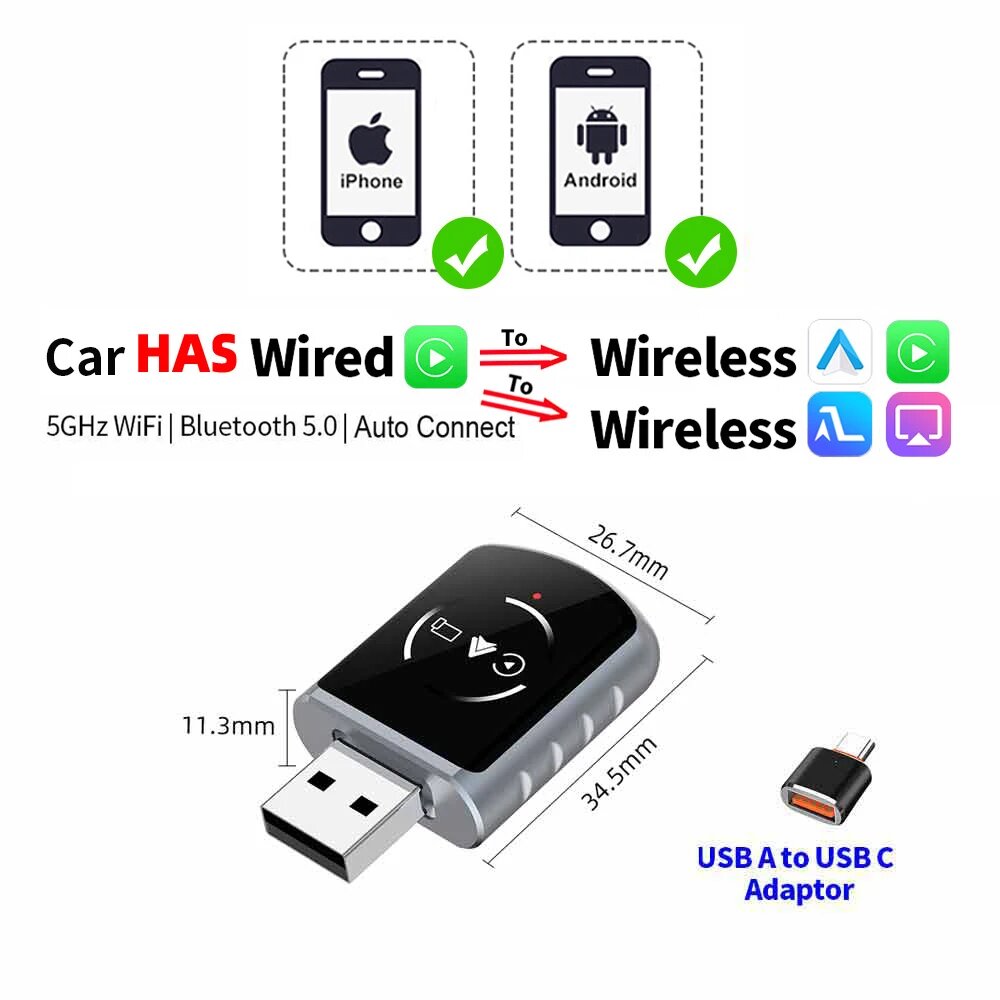 Беспроводной CarPlay адаптер EKIY, Bluetooth 5.0, USB A to USB C, T1