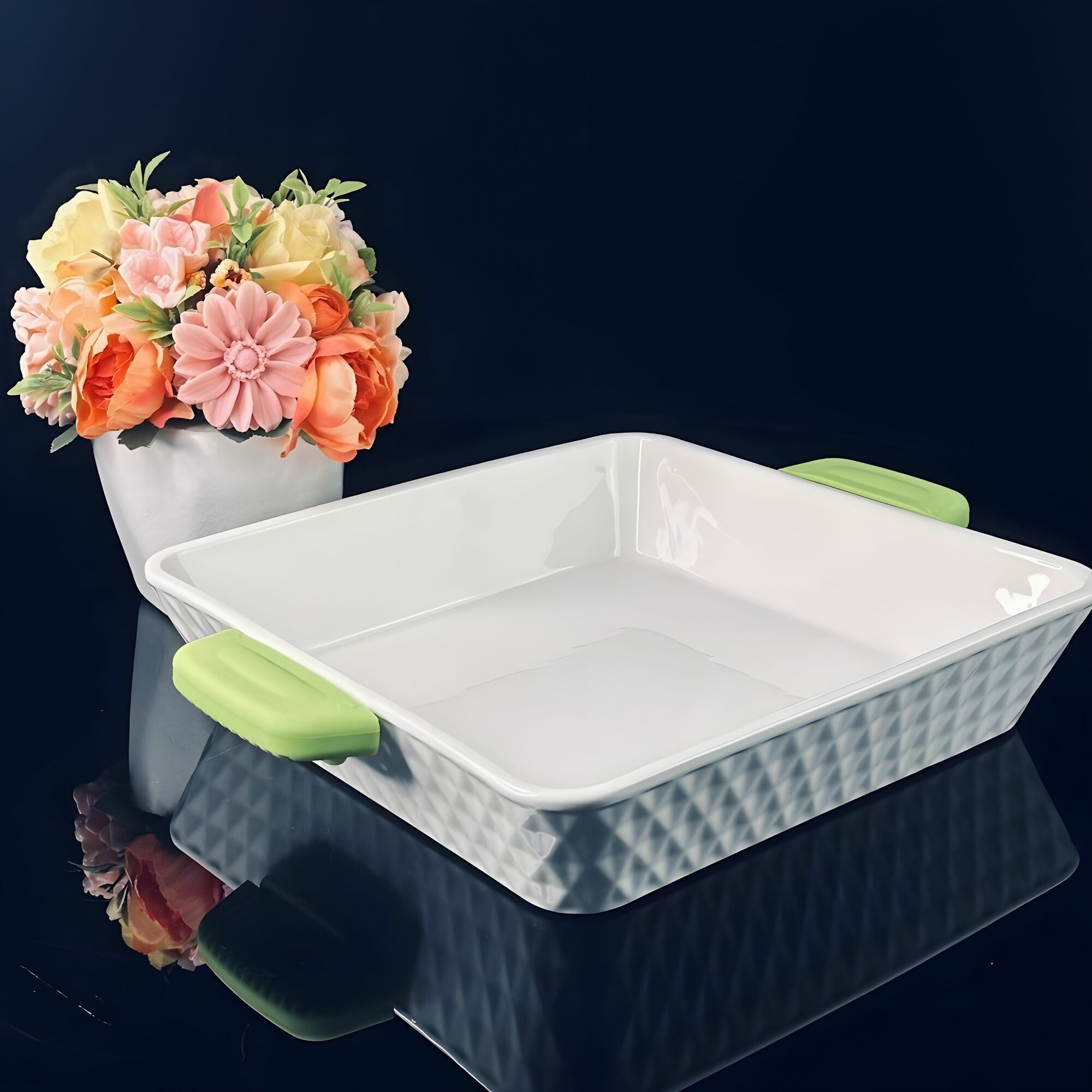 Квадратное блюдо для запекания 32 см фарфоровое белое с силиконовыми ручками, форма для запекания Lenardi