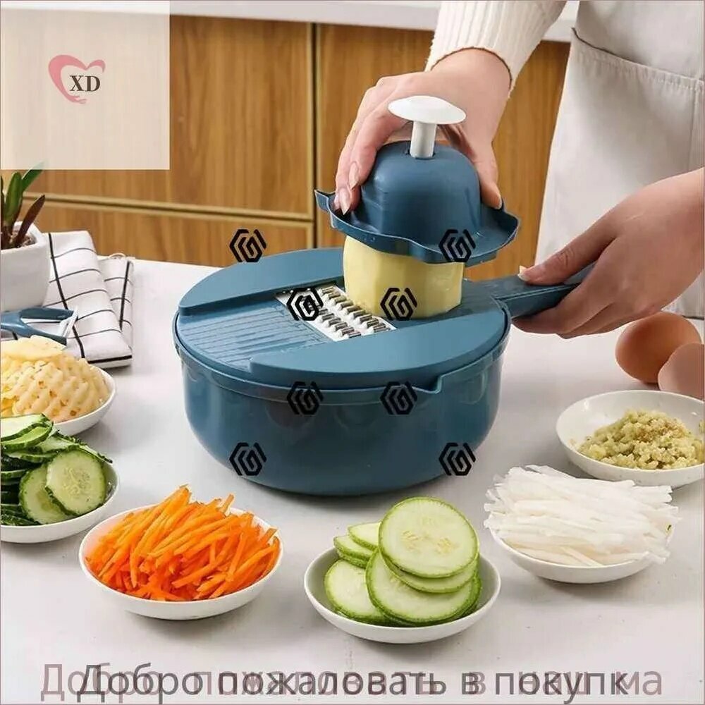 Многофункциональная овощерезка, терка для овощей, с насадками и контейнером, Синийyhh