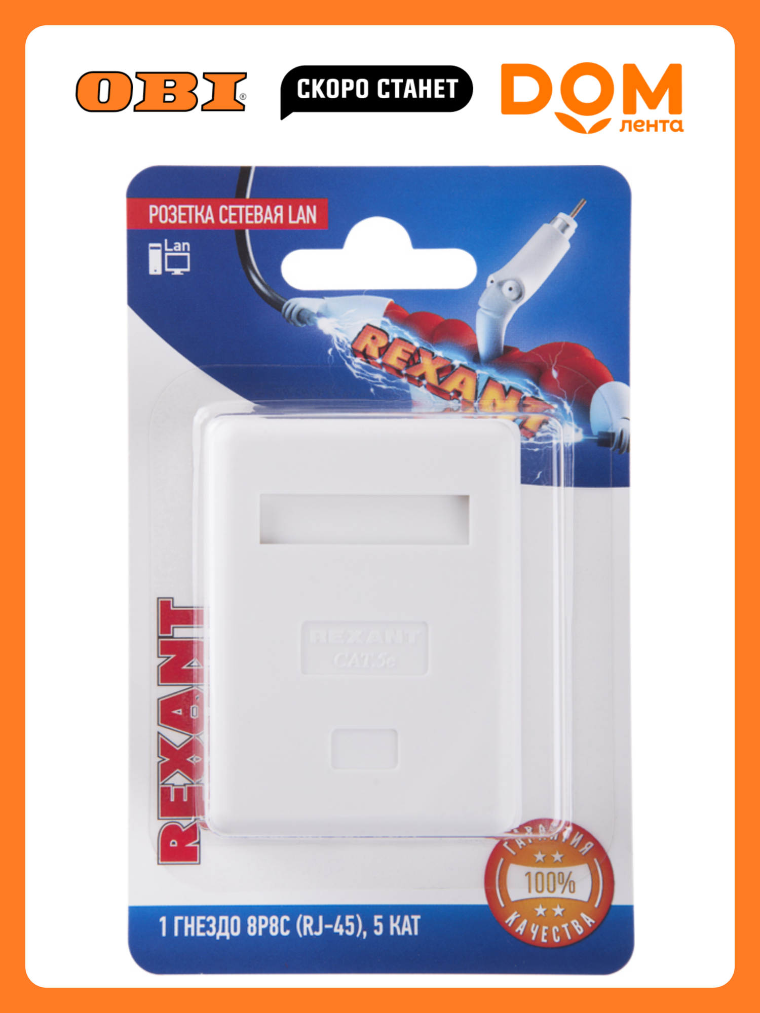 Розетка сетевая LAN REXANT на стену 1 гнездо 8Р8С (RJ-45) CAT 5e