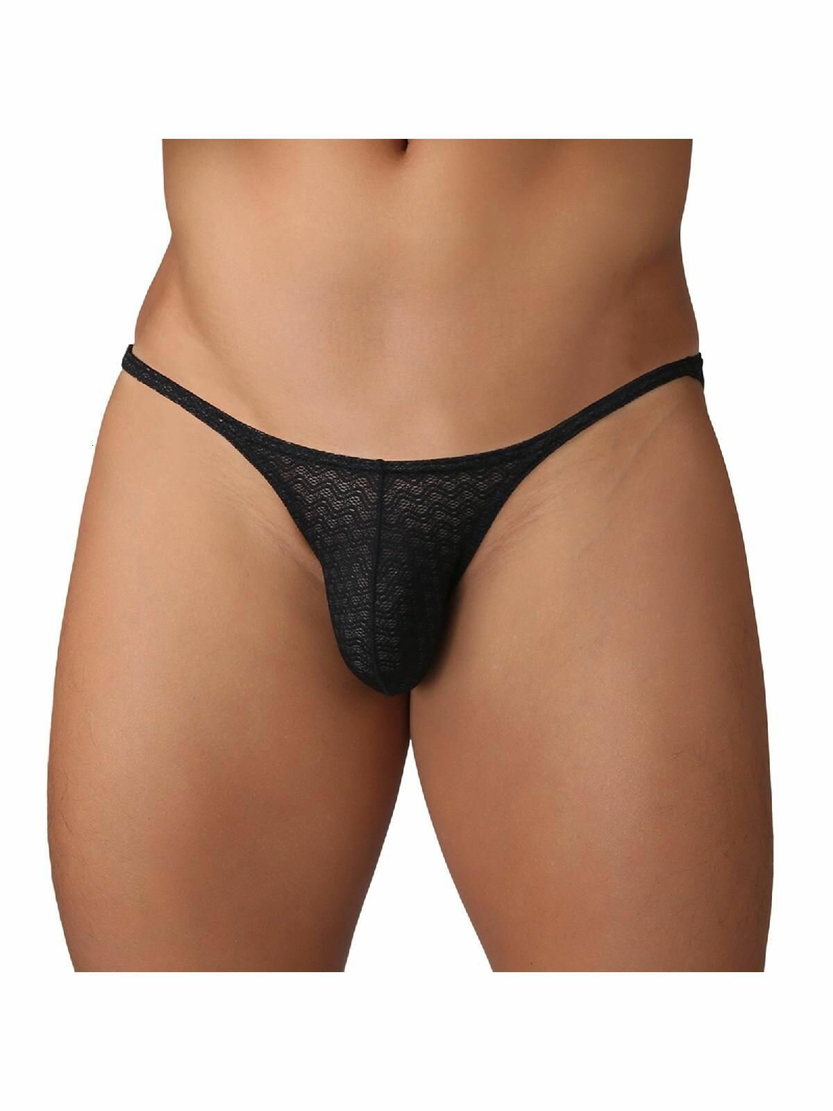 Мужские трусики-стринги с ажурной кружевной вставкой, Черный - M