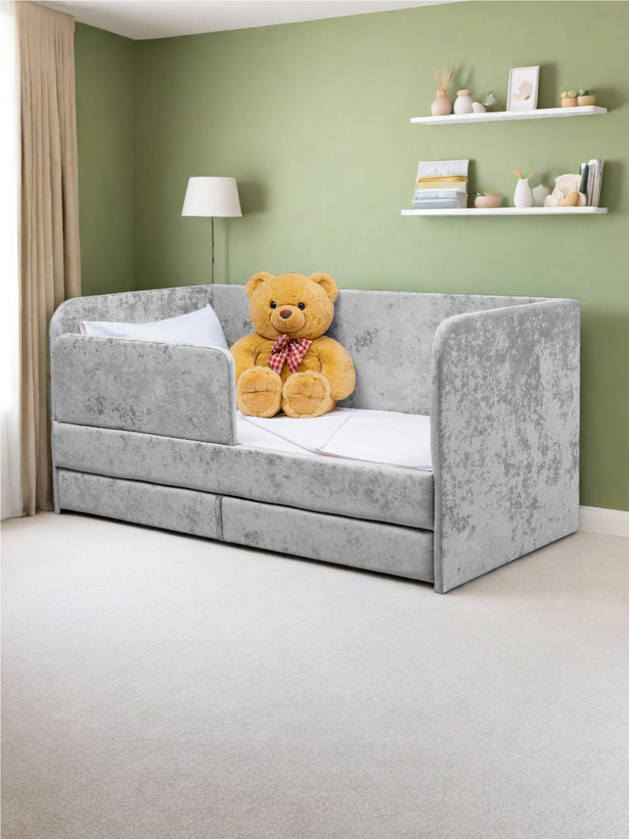 Кровать-диван "Непоседа" серая 180х90 см, 2 спальных места, с ящиком, защитным бортиком
