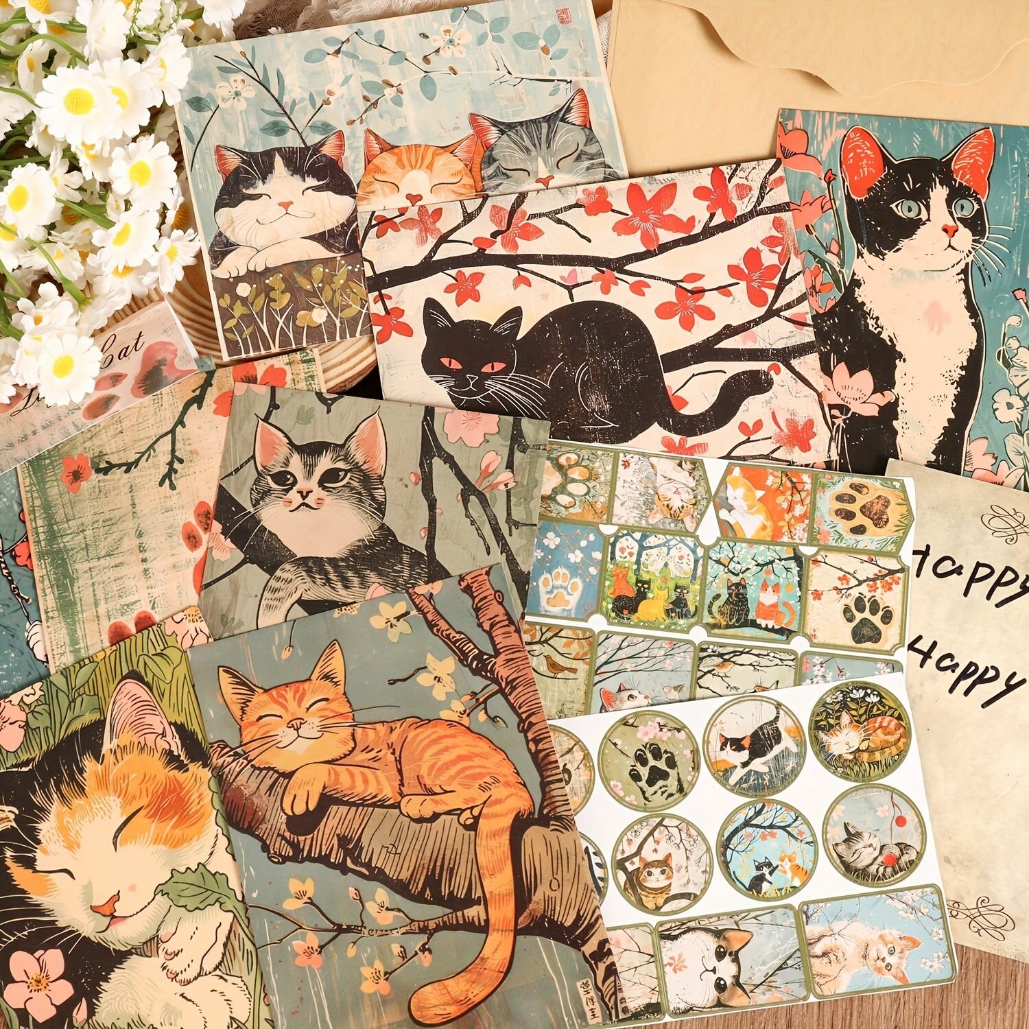 Набор толстых открыток JAIIMAN 16 шт 4 конверта 46 наклейки сакура кот укиё-э
