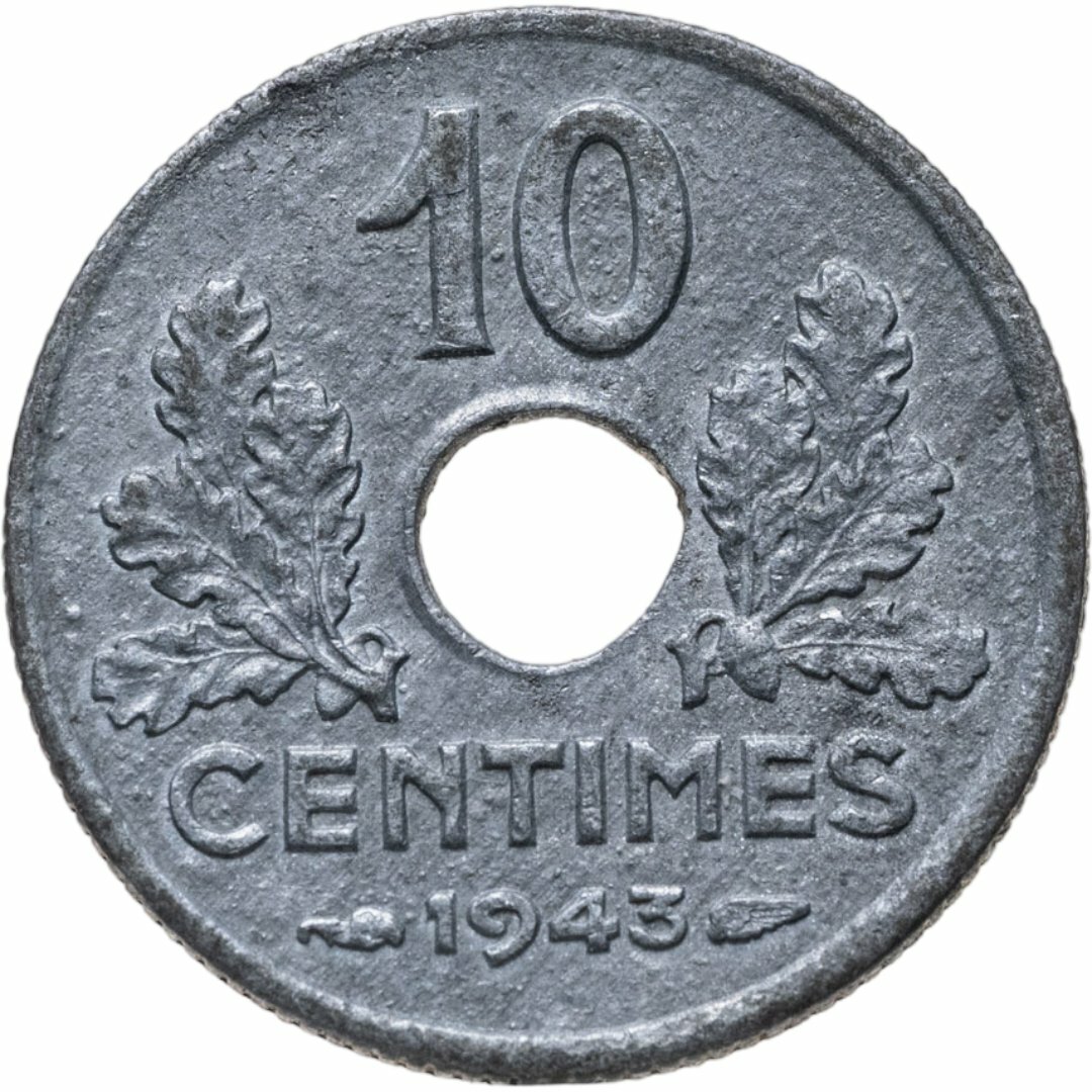Франция 10 сантимов (centimes) 1943 новый тип: диаметр 17 мм