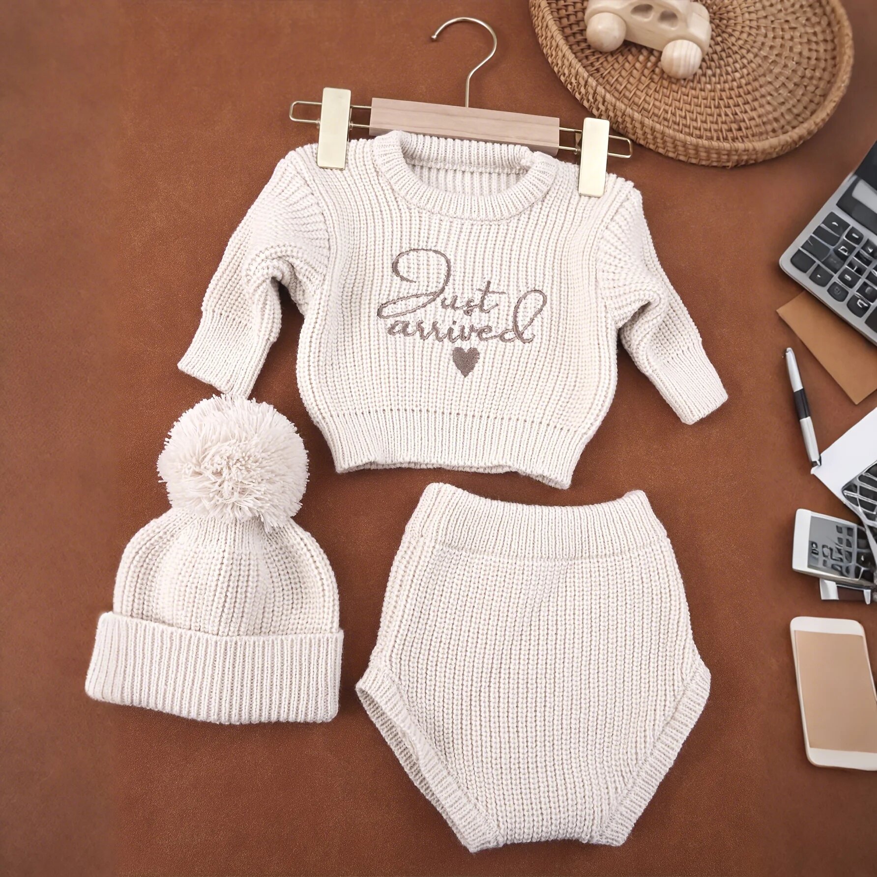 Комплект Из 3 Предметов Для Фотосессий Новорожденных: Вязаный Костюм Для Мальчиков И Девочек С Шапочкой С Помпоном И Вышитым .