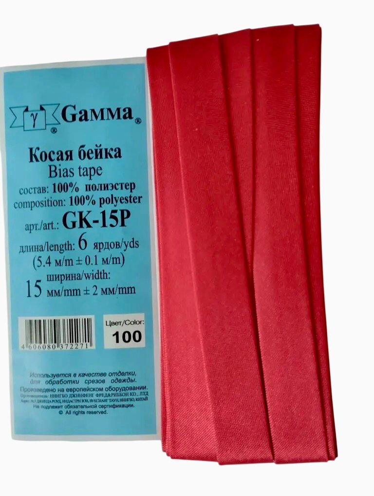 Косая бейка атласная 15мм длин.5,4м цвет красный №100 по каталогу Гаммы