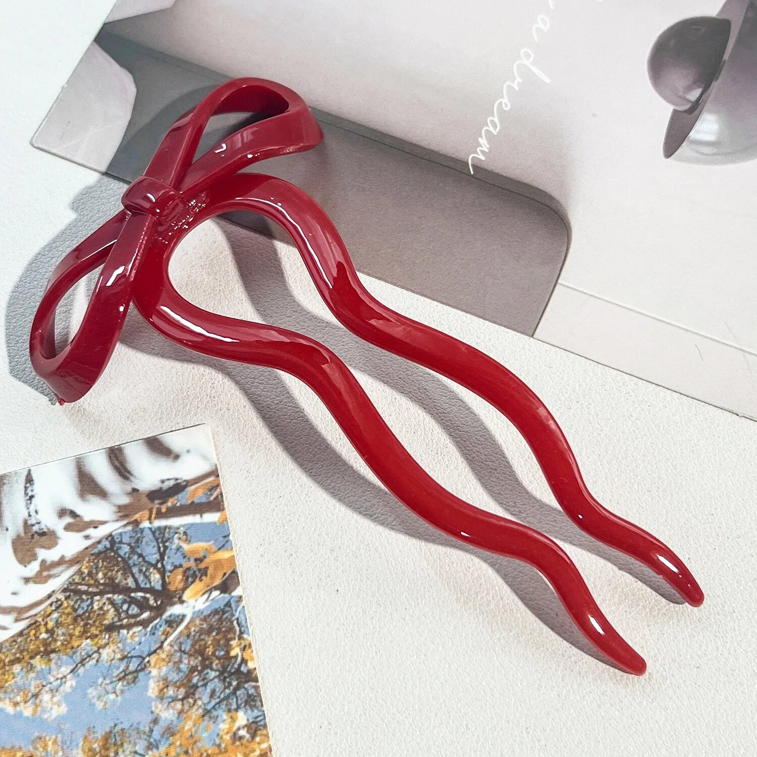 Модная пластиковая заколка для волос с бантом Бордовый, 4