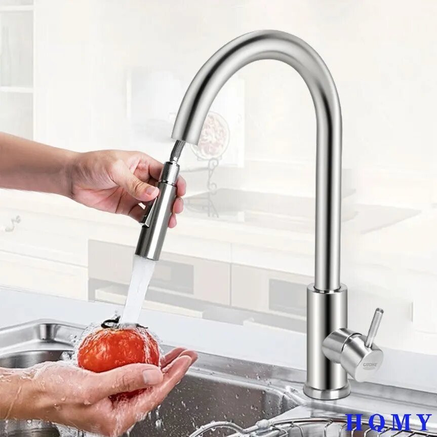 Смеситель для кухни GROHE из нержавеющей стали с выдвижным гибким изливом, серый металлик, белый — фото 1