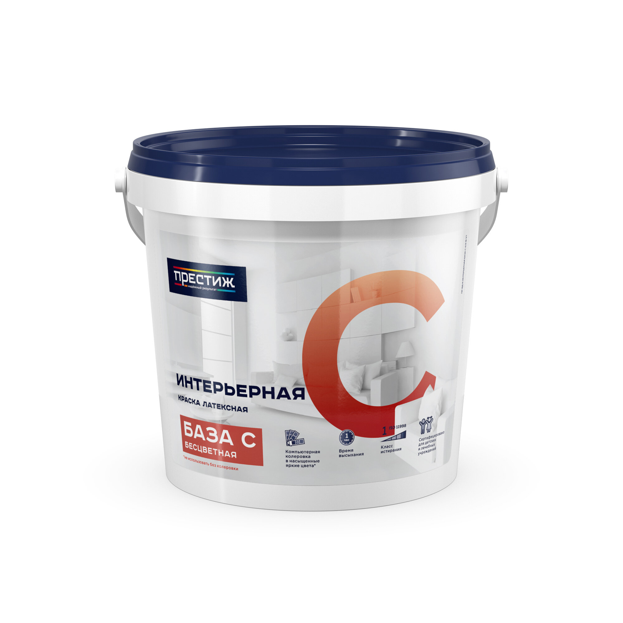 Краска интерьерная Престиж, латексная, матовая, база C, бесцветная, 0,9 л