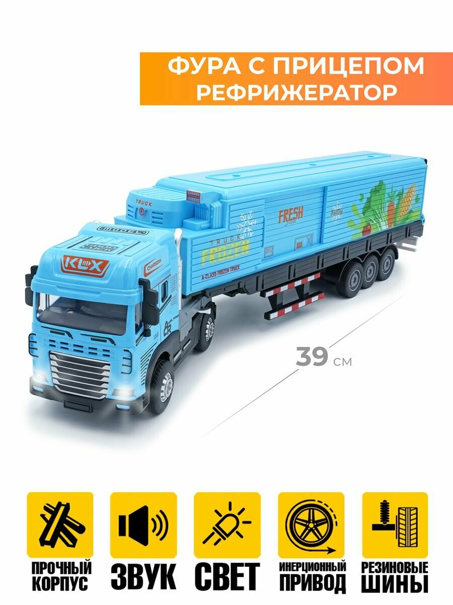 Машина тягач с прицепом фургон рефрижератор инерционная со светом и звуком