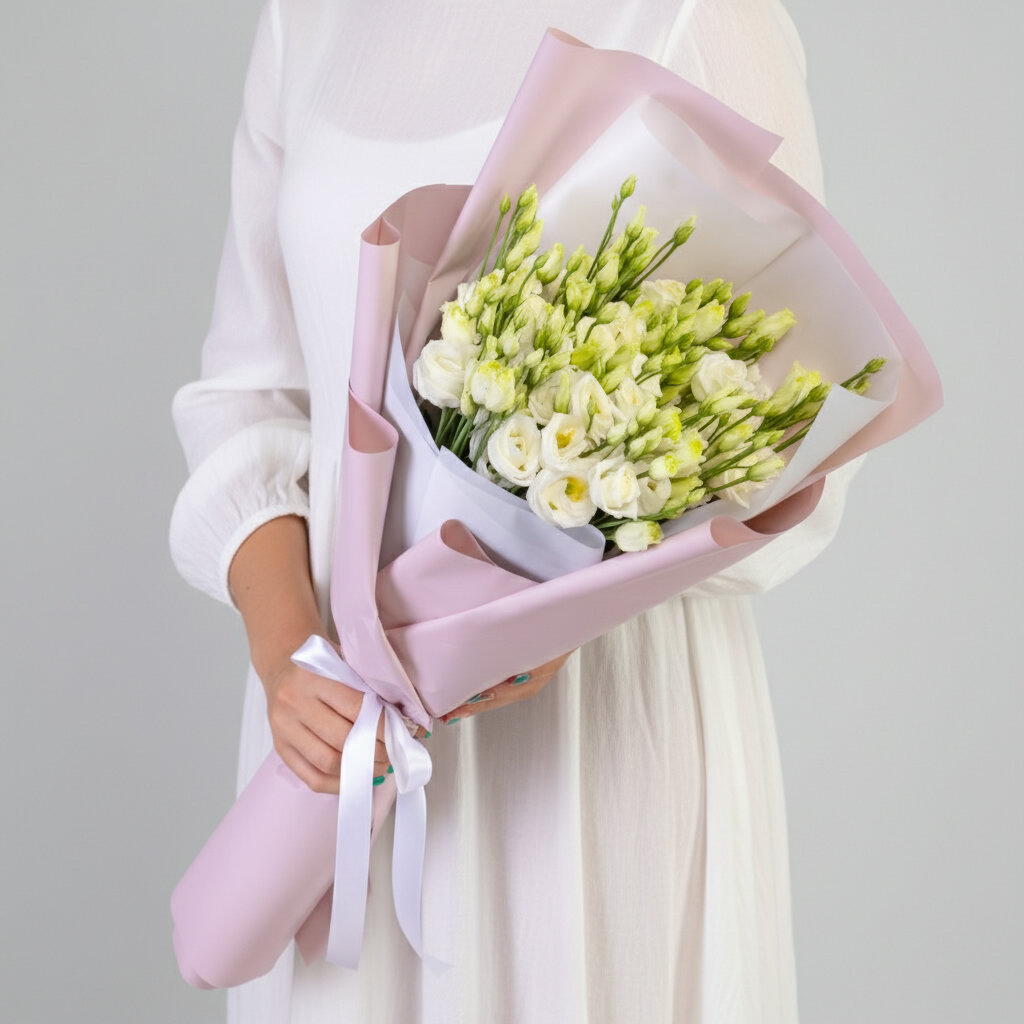 Букет Мегацвет24, Белые Эустомы, 9 цветов, дизайнерская упаковка