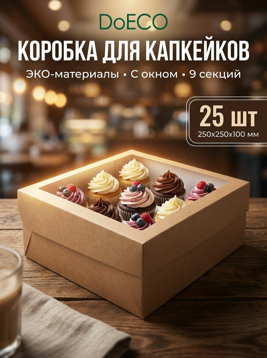 Коробка крафт пищевая DoECO контейнер одноразовый с окном, упаковка 250х250х100 мм, 25 шт.