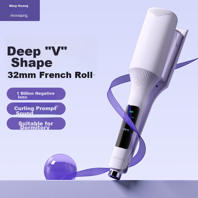 Minhuang 32MM Deep V Curling Iron, Negative Ion Curling Wand, Water Wave French Egg Roll Curl, Curling Iron, VI Purple