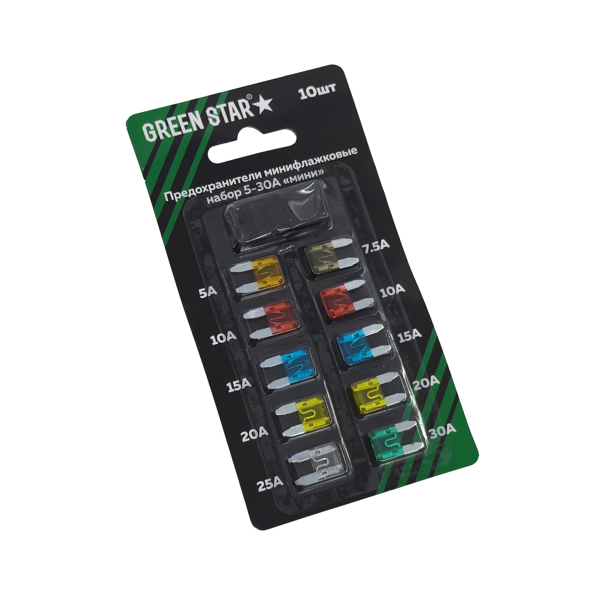 Предохранители минифлажковые набор 5-30А Green Star 10шт