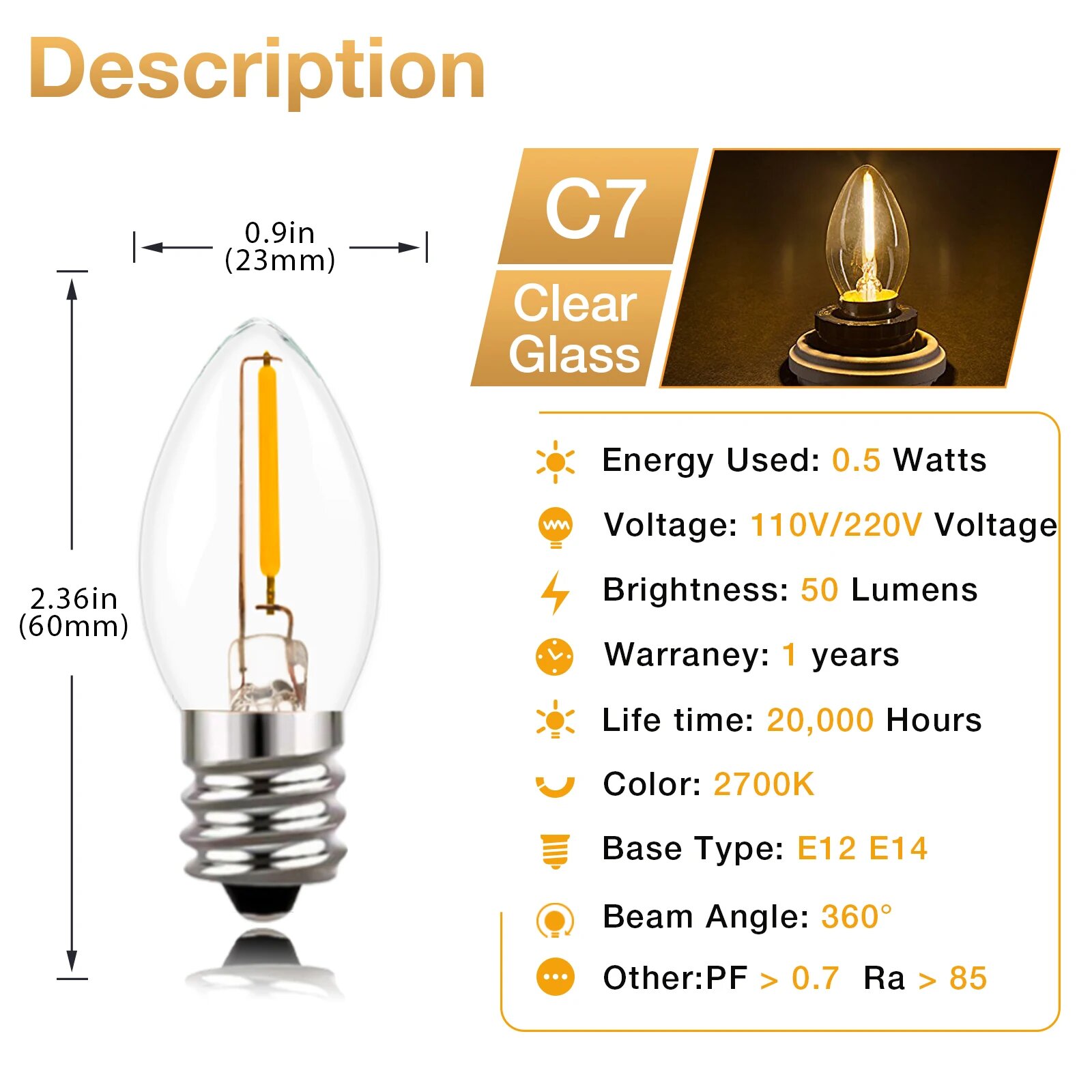 GANRILAND Светодиодные лампы G40 теплый белый C7 0.5W, E12 110V