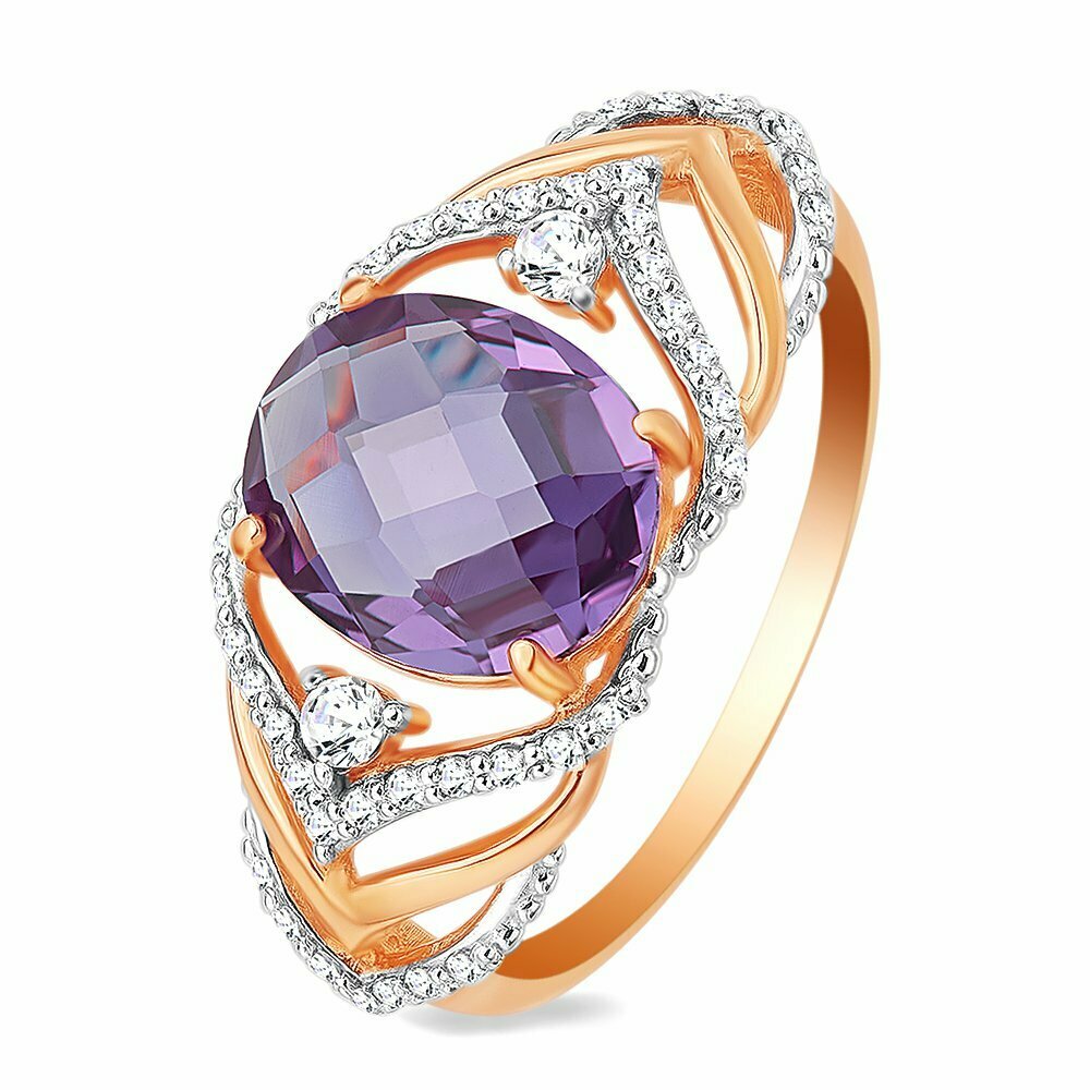 Кольцо, красное золото, 585 проба, родирование, фианит, александрит синтетический