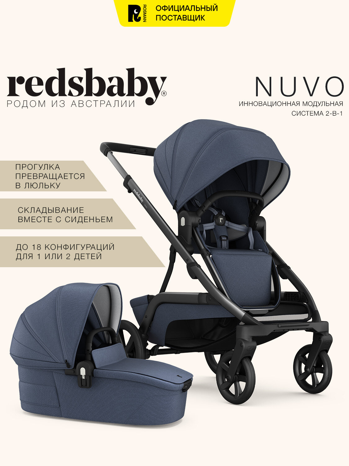 Коляска для новорожденных 2в1 Redsbaby NUVO, всесезонная, универсальная, цвет синий