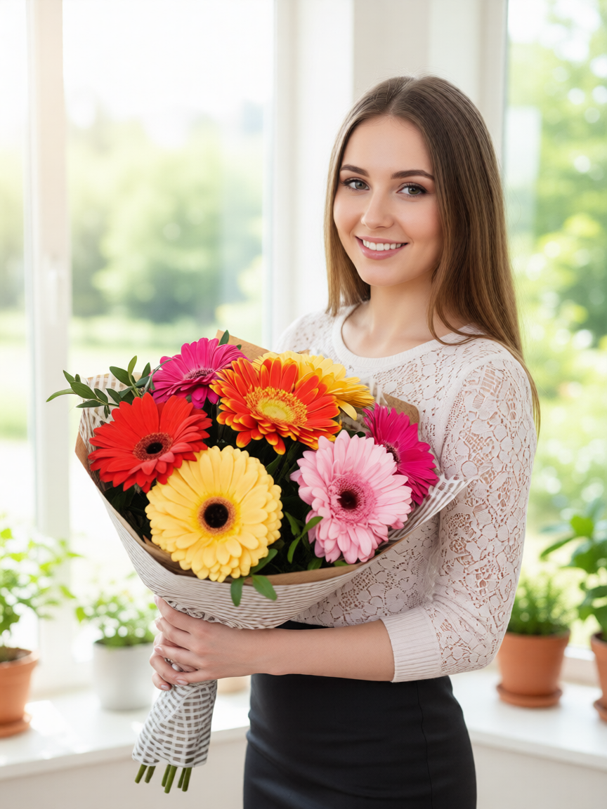 Букет гербер, монобукет, 7 цветов, оформление под ленту, высота 25см, диаметр 20 см