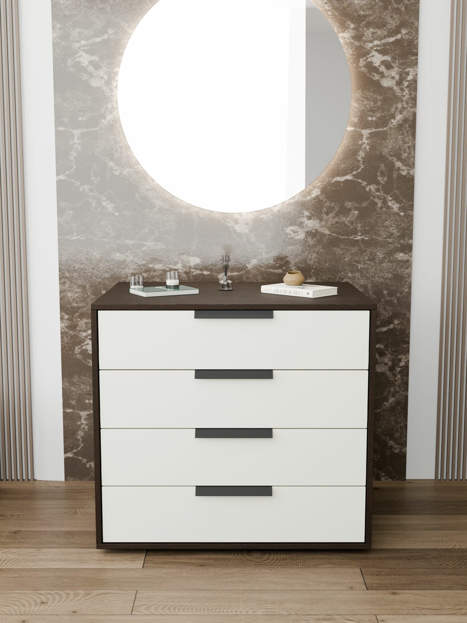 Изумлит Комод для белья и одежды Лайн 4 ящика, 80х74х59 см, венге-бежевый