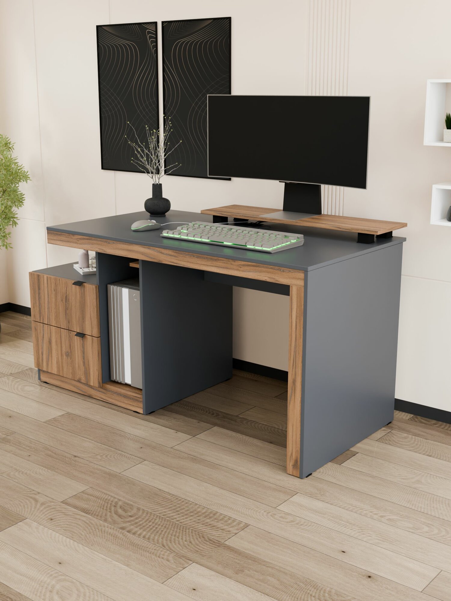 Изумлит Стол компьютерный для офиса и дома Вертикаль Лайт 162х80х74.5 см, тумба слева, графит-дуб крафт табачный