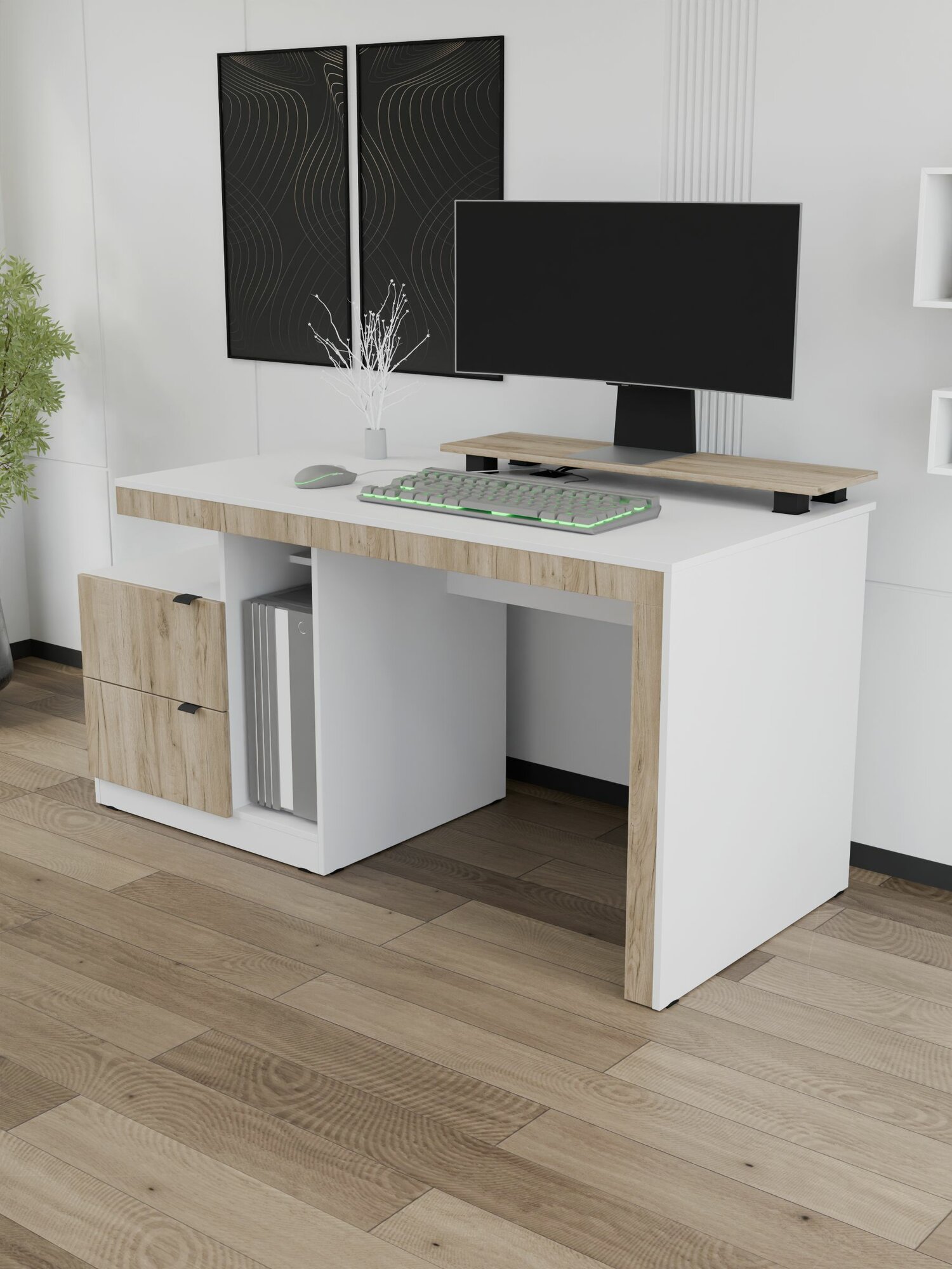 Изумлит Стол компьютерный для офиса и дома Вертикаль Лайт 162х80х74.5 см, тумба слева, белый - дуб крафт серый