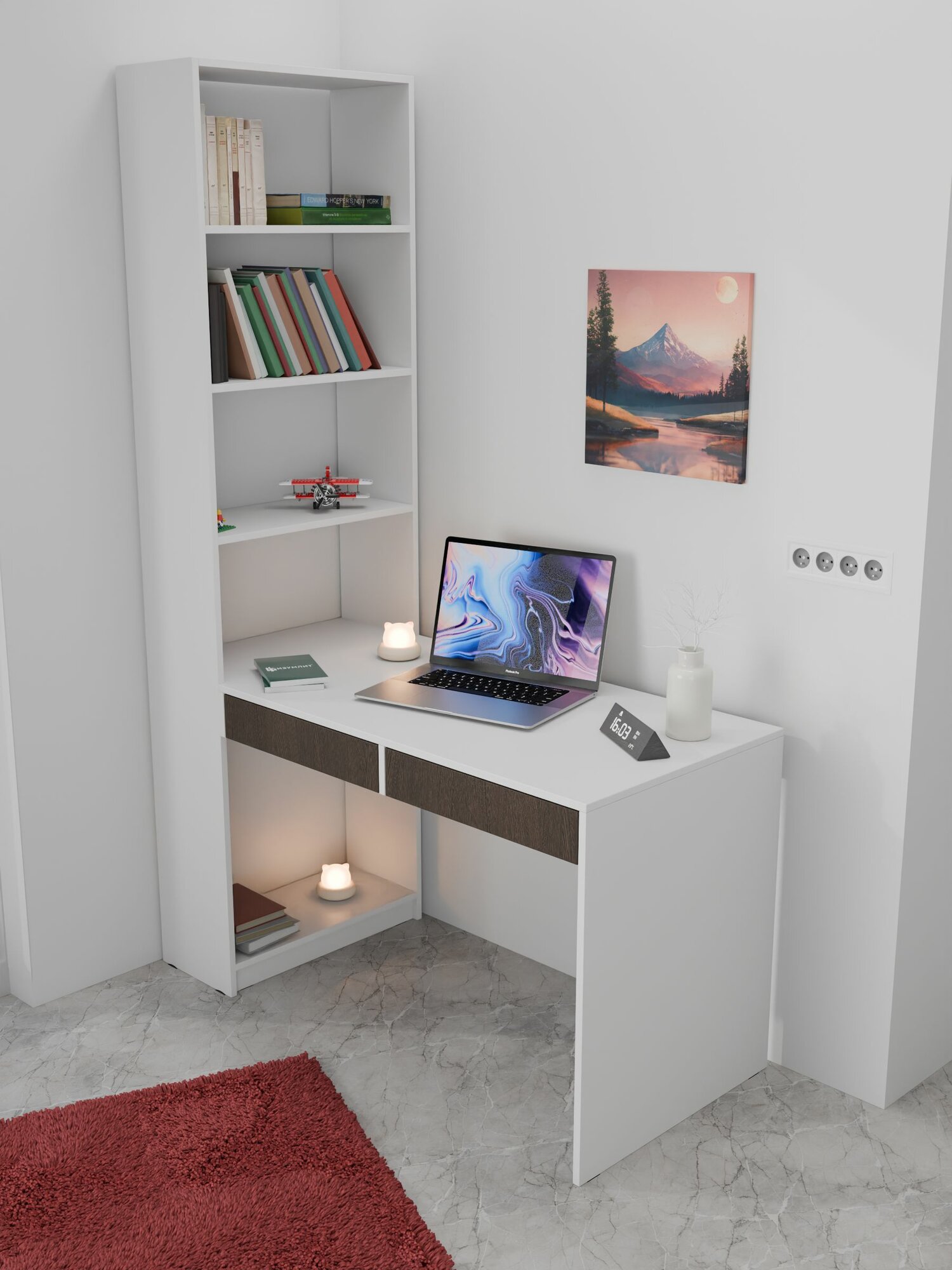 Изумлит Стол-стеллаж письменный угловой, стеллаж слева 200х130х59.2 см, белый-венге